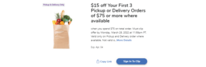 Save $15.00 on your FIRST 3 Pickup or Delivery Orders at Kroger (must ...